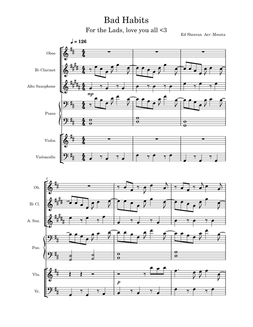 Bad Habits – Ed Sheeran Bad Habits Sheet Music for Piano, Oboe ...