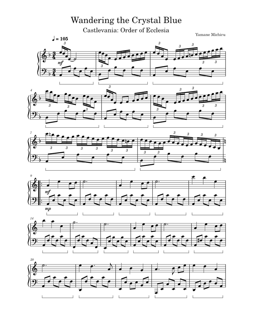 Wandering the Crystal Blue – Michiru Yamane (Castlevania:OoE) Sheet ...