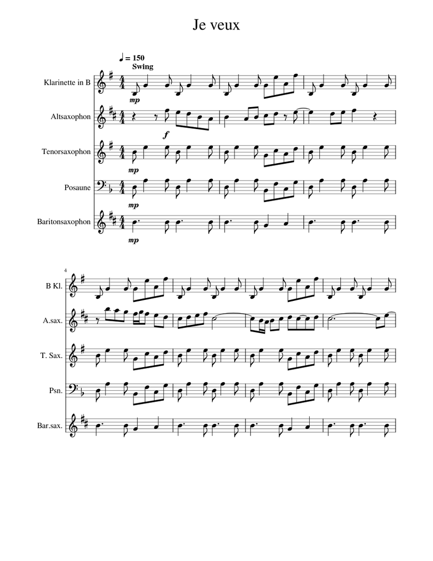 Je veux – Zaz Sheet Music for Trombone, Clarinet in b-flat, Saxophone ...