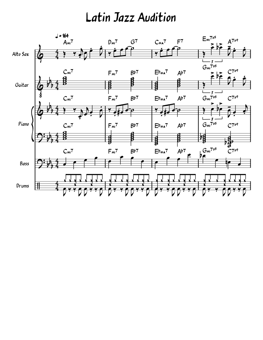 Latin Jazz Audition Sheet music for Piano, Saxophone alto, Guitar, Bass ...