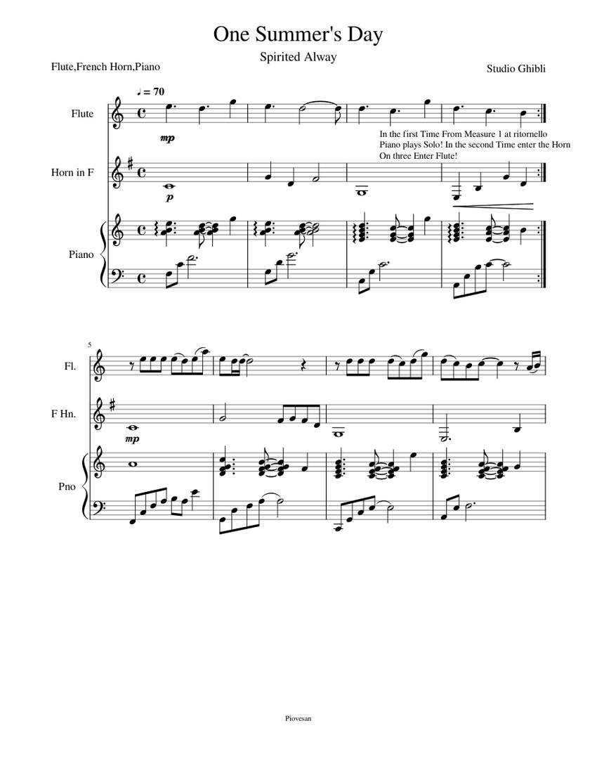 One_Summer's_Day Sheet music for Piano, Flute, French horn (Mixed Trio ...