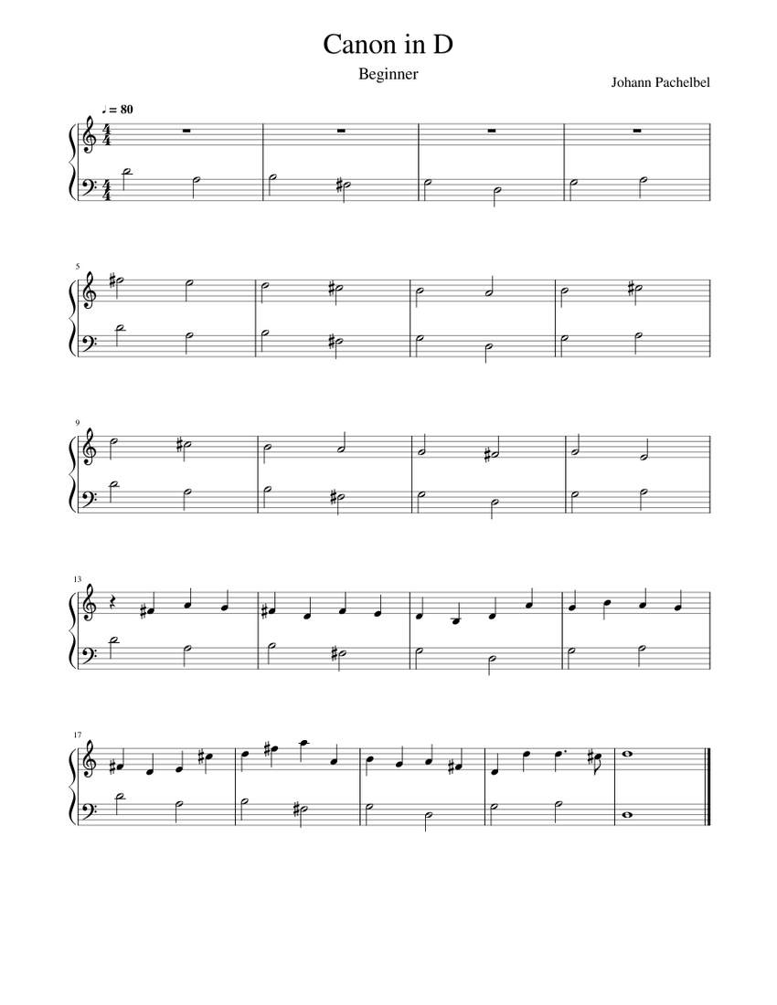 Johann Pachelbel, Canon in D, Beginner Sheet Music for Piano (Solo ...