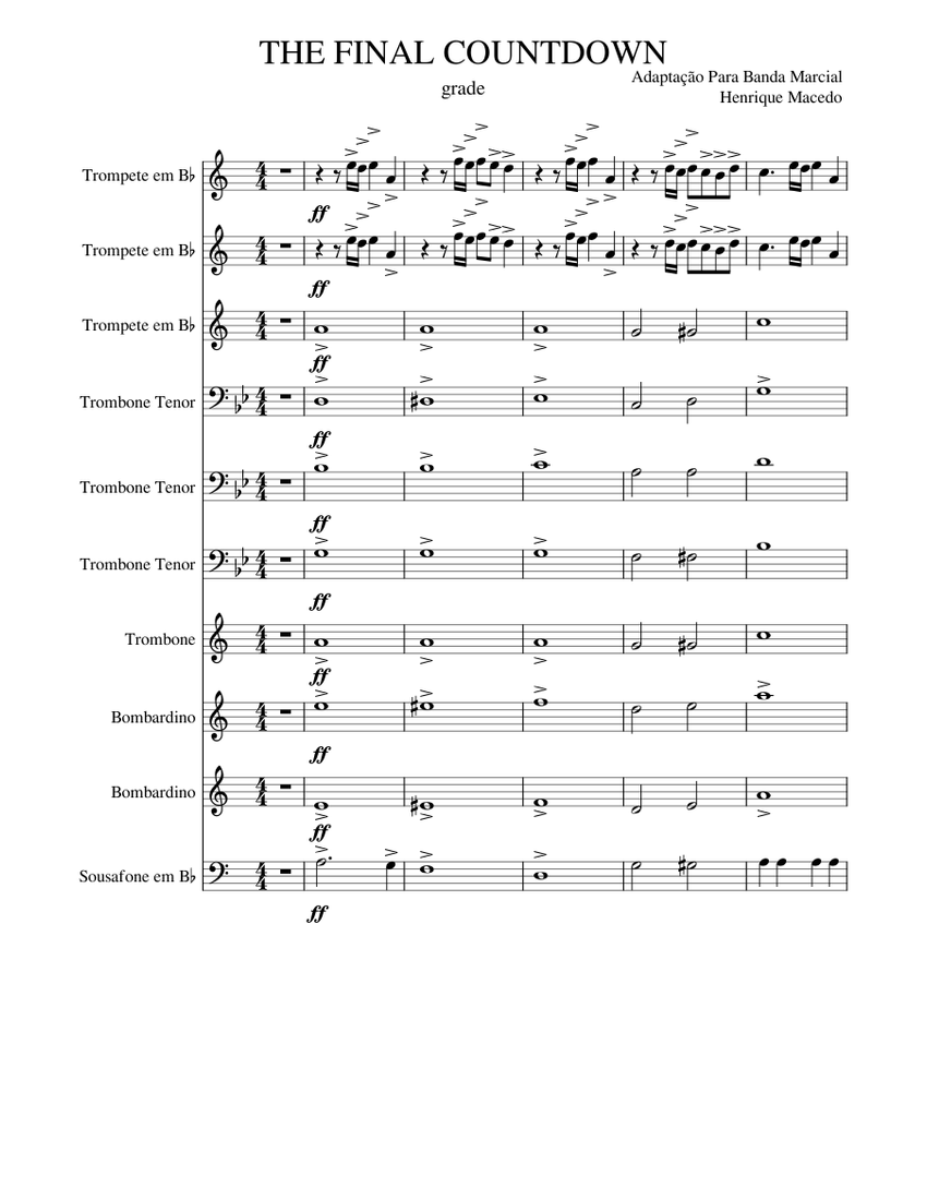 THE FINAL COUNTDOWN Sheet Music for Trombone, Euphonium, Trombone tenor, Trumpet in b-flat ...