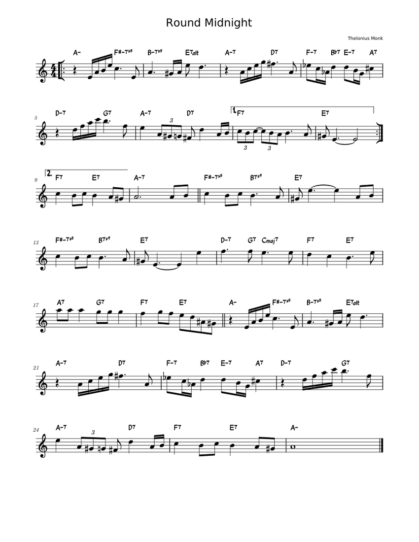 'Round Midnight – Thelonious Monk Round Midnight J Sheet music for ...