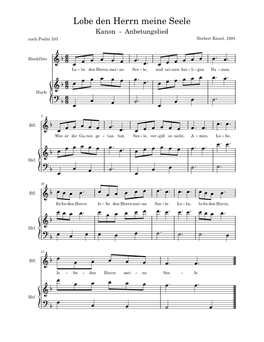 Lobe_den_Herrn_meine_Seele Sheet Music for Harp, Recorder (Solo ...