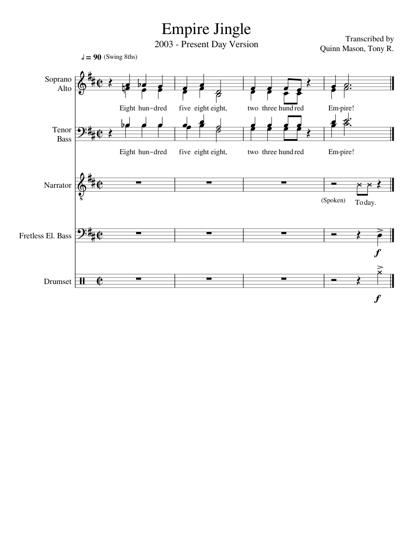 800-588-2300 Empire Jingle Sheet Music for Vocals, Bass guitar, Drum ...