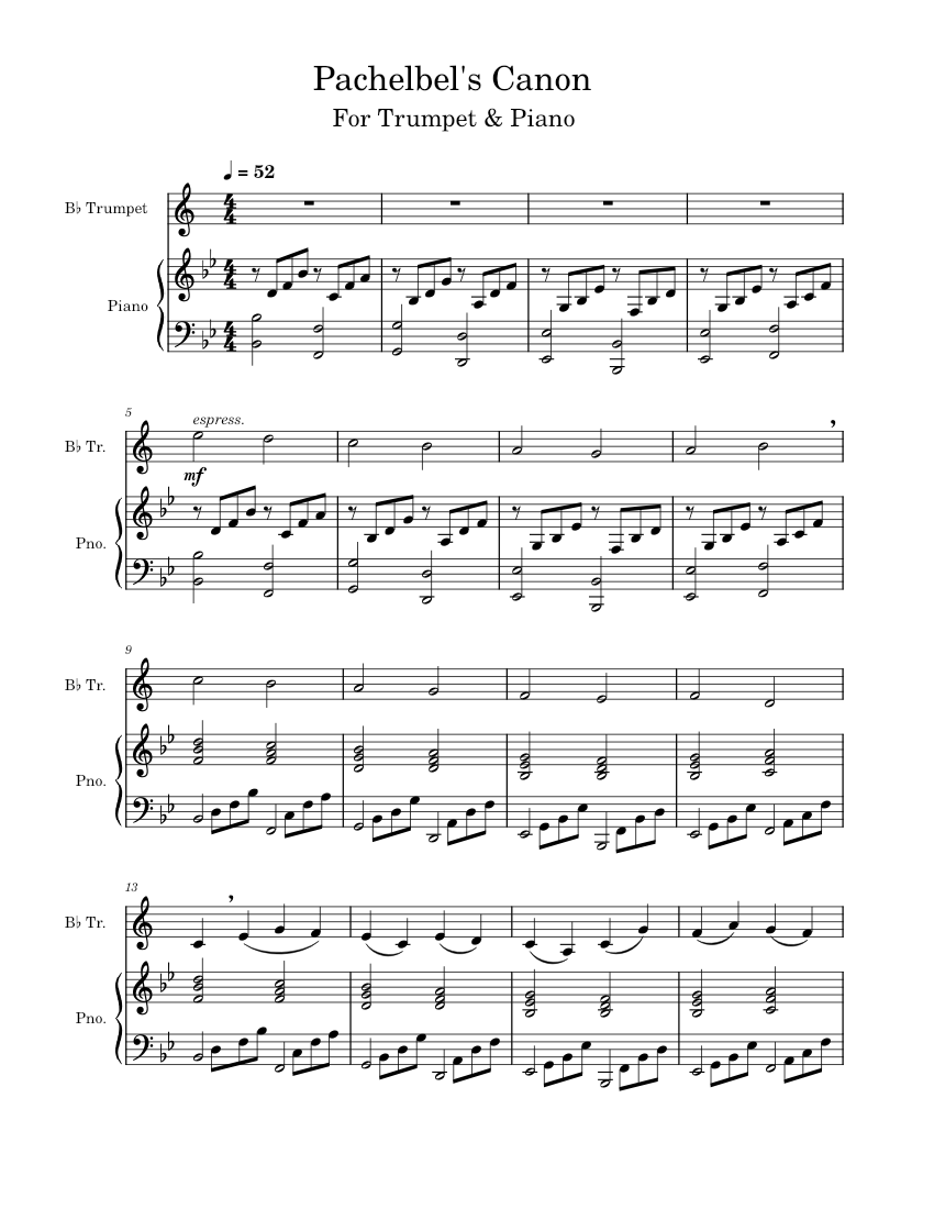 Pachelbel's Canon Sheet Music for Piano, Clarinet in b-flat (Solo ...