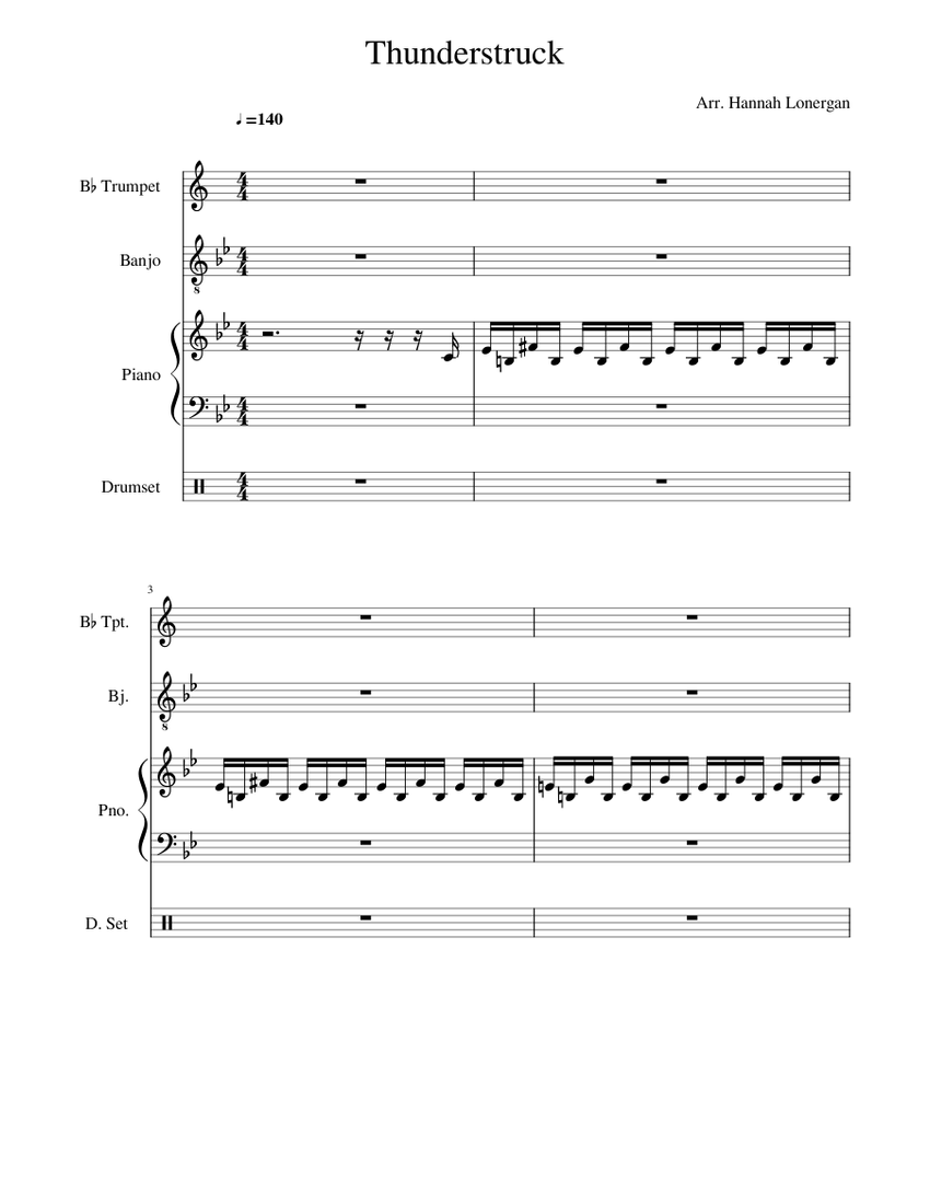 Thunderstruck Year 10 Sheet Music for Piano, Trumpet in b-flat, Drum ...