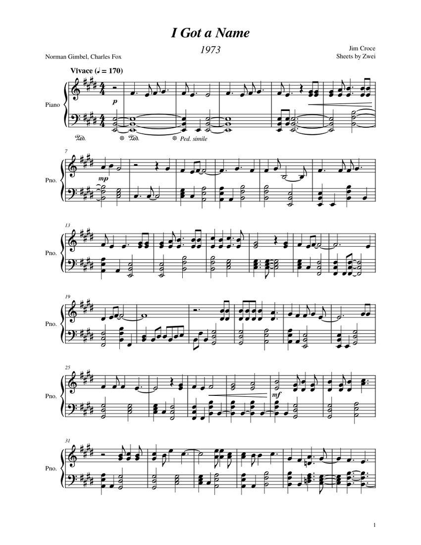 I Got a Name - Jim Croce Sheet Music for Piano (Solo) Easy | MuseScore.com