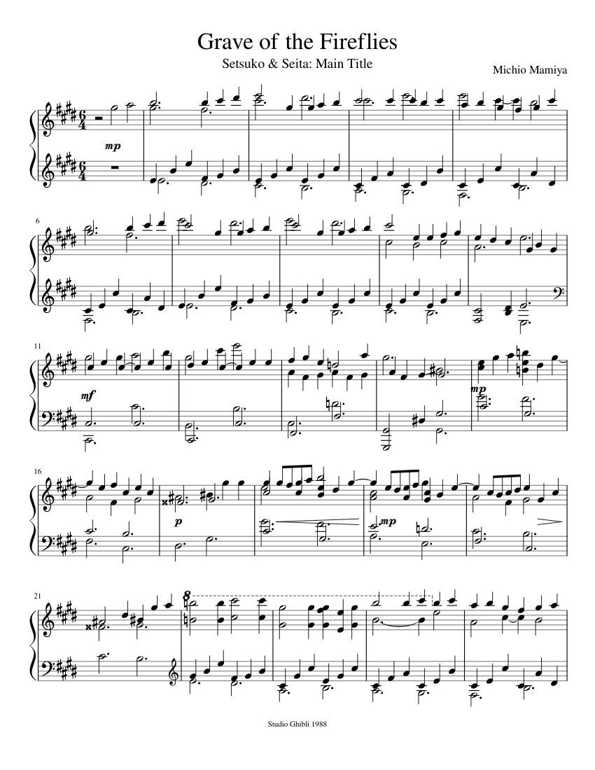 Grave of the Fireflies Sheet Music for Piano (Solo) easy | MuseScore.com