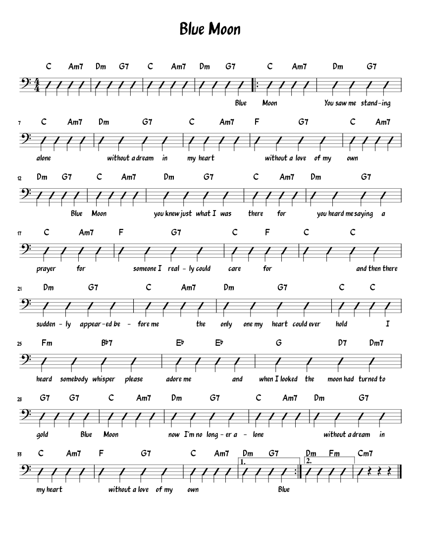 Blue Moon Sheet Music with Chords for Bass guitar (Solo) | MuseScore.com