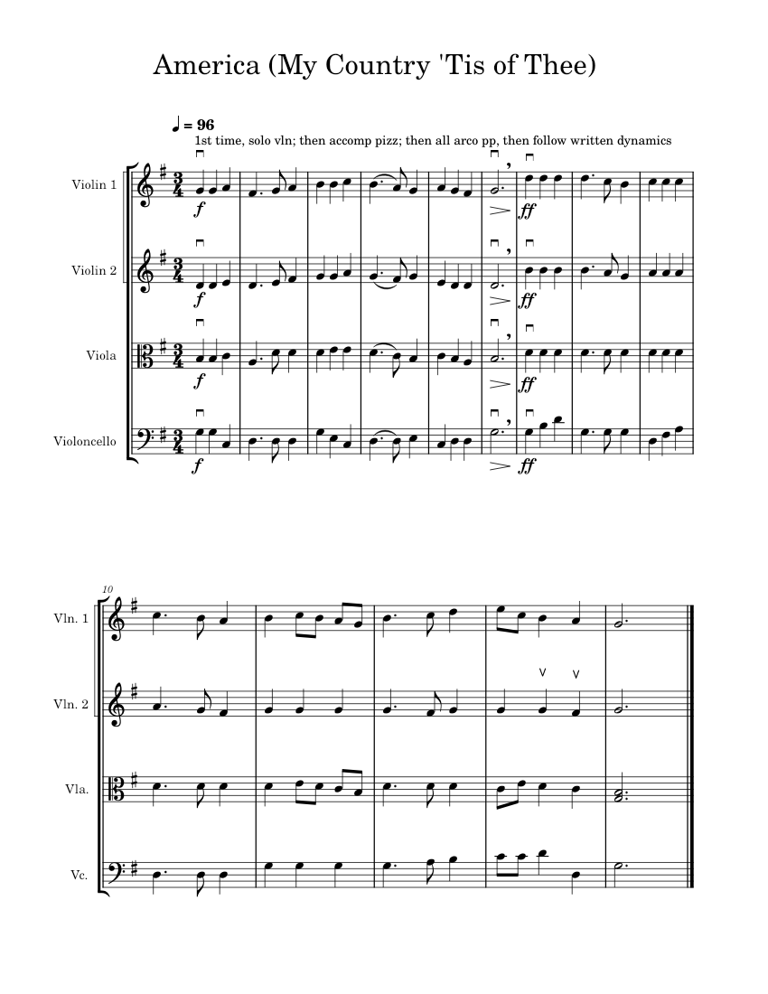 America (My Country 'Tis of Thee) Sheet music for Violin, Viola, Cello ...