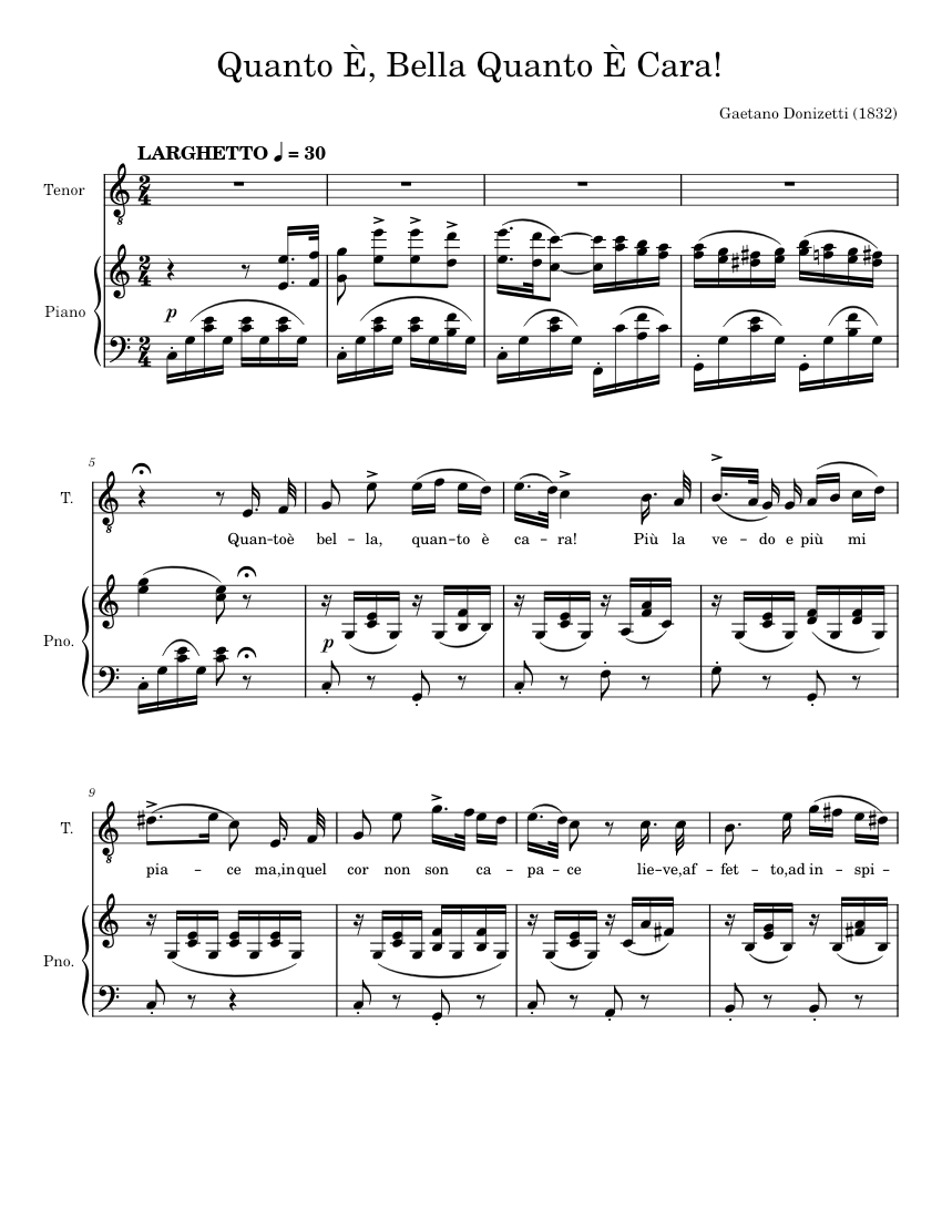 L'elisir d'amore – Gaetano Donizetti Quanto è bella quanto è cara Sheet Music for Piano, Tenor ...