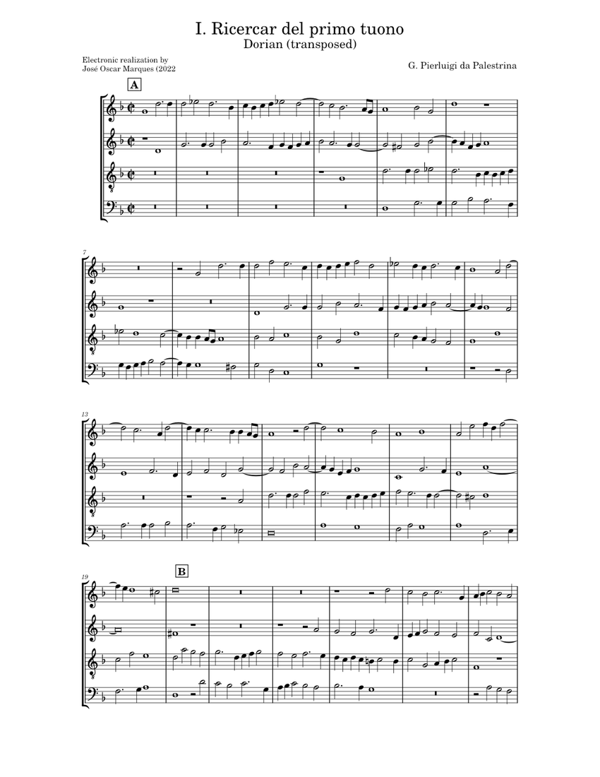G. P. da Palestrina: Ricercar del primo tuono Sheet music for Strings ...