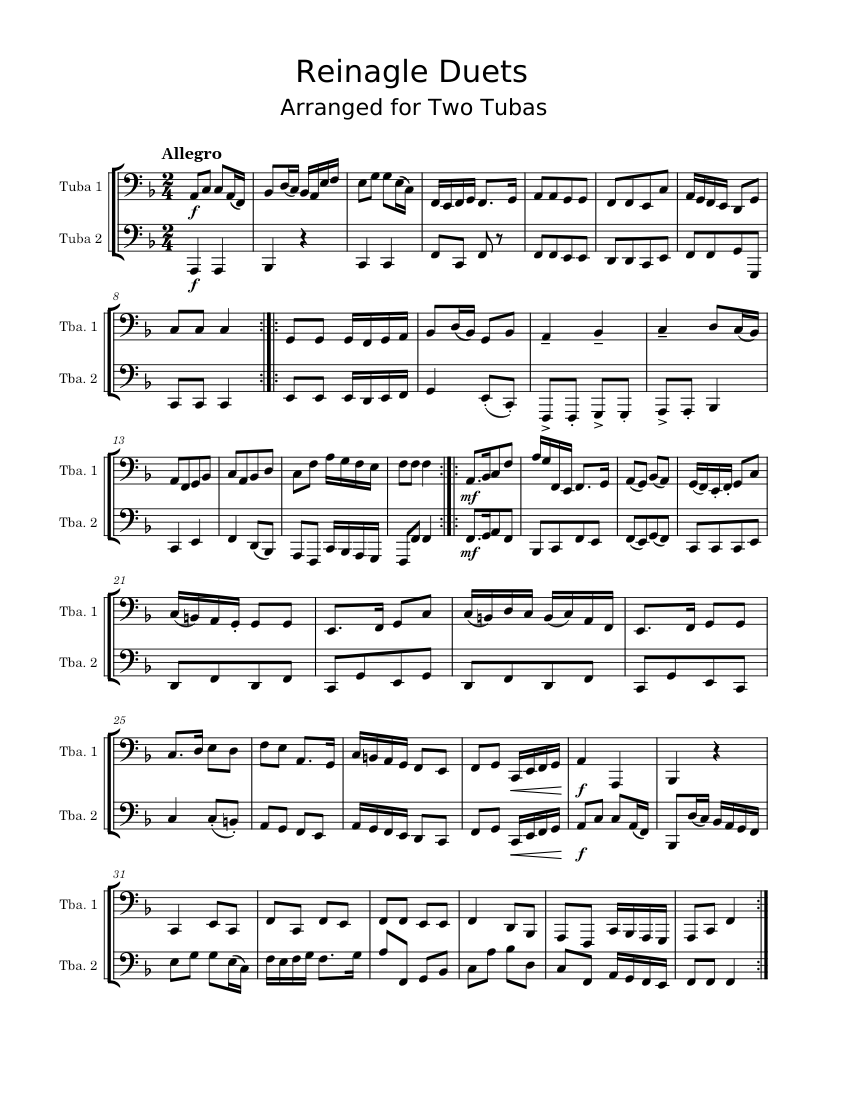 Reinagle Duets for 2 Tubas - Joseph Reinagle Sheet Music for Tuba ...