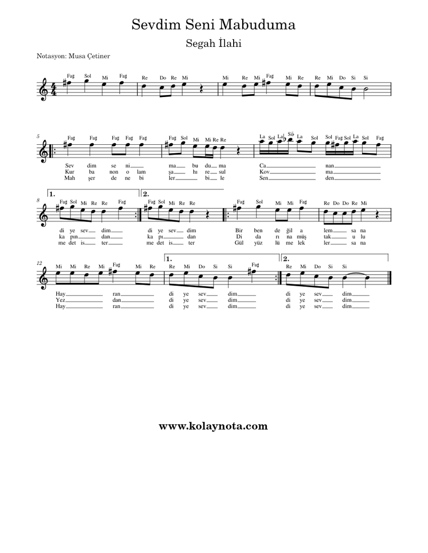 Sevdim Seni Mabuduma - Kolay Nota Sheet Music for Piano (Solo) Easy ...
