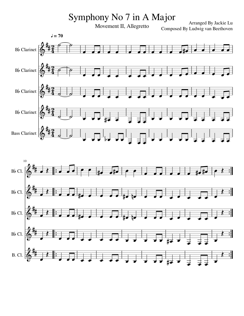 Symphony No 7 Movement II Full Ensemble Sheet music for Clarinet in b ...