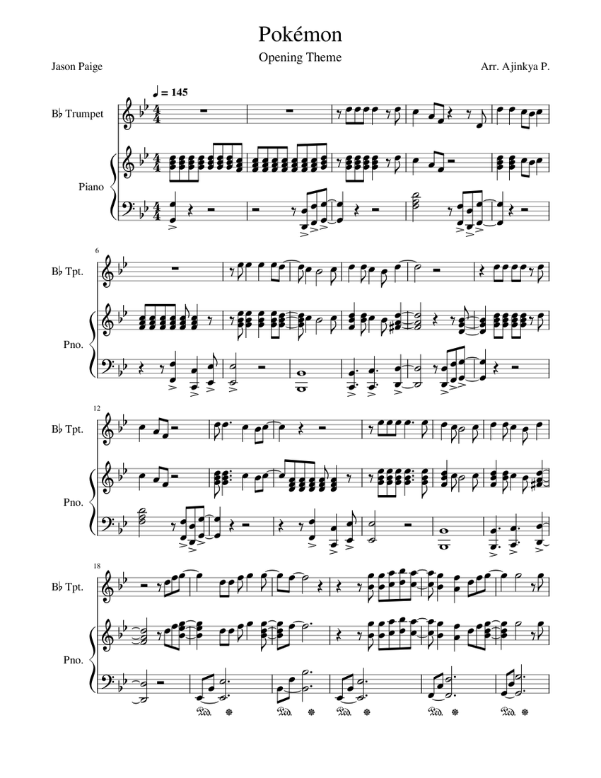Pokemon Theme Sheet Music for Piano, Trumpet in b-flat (Solo ...