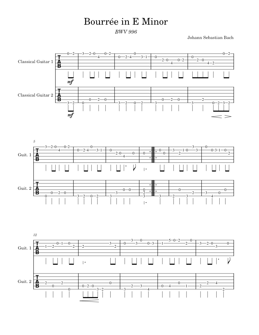 Bourrée in E Minor, BWV 996 by Johann Sebastian Bach (TAB) Sheet Music ...