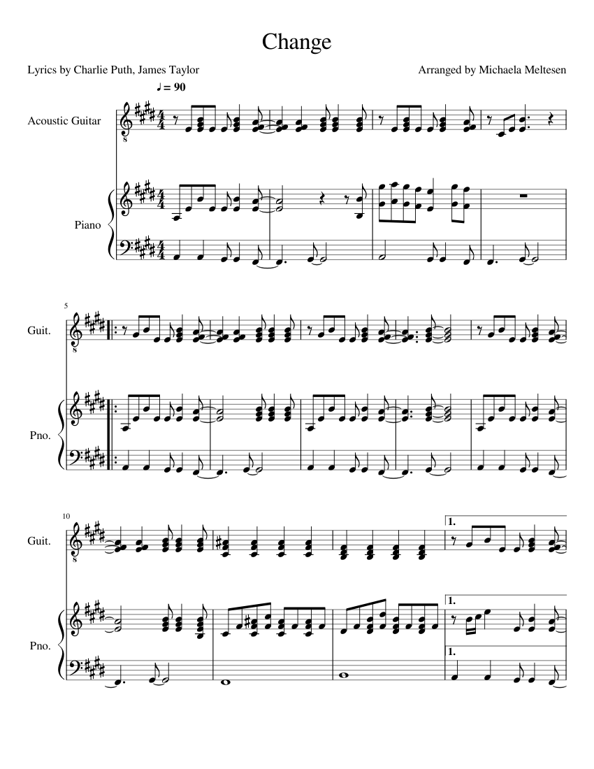 Change- Charlie Puth James Taylor Sheet Music for Piano, Guitar (Mixed ...