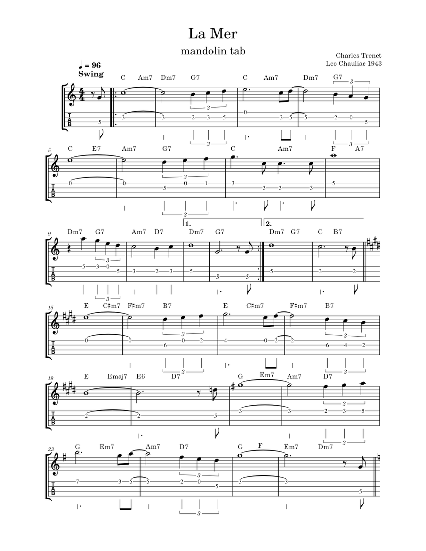 La Mer – Charles Trenet - mandolin tab Sheet Music with Chords for ...