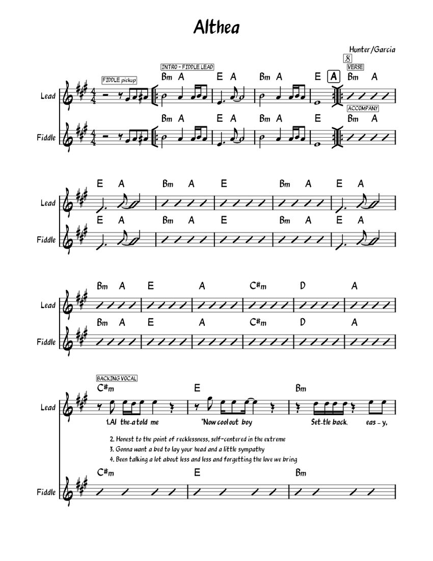 Althea Sheet Music with Chords for Piano, Violin (Solo) | MuseScore.com