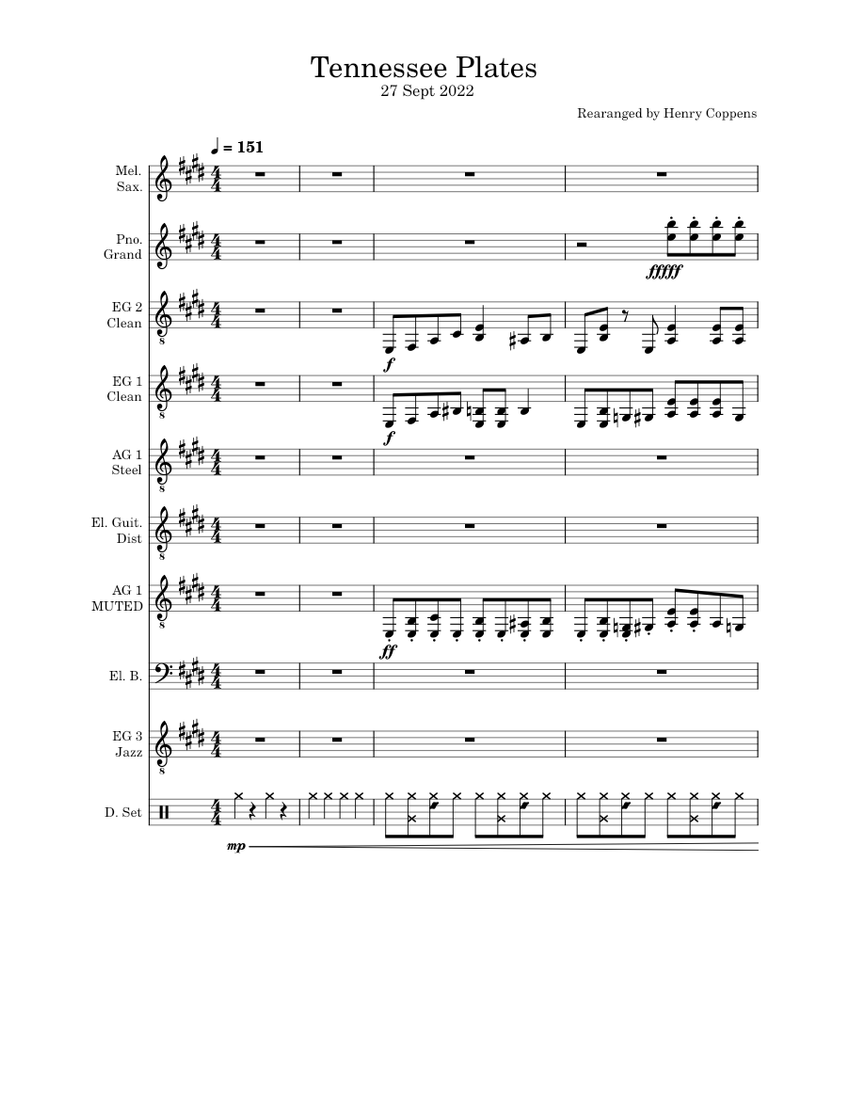 Tennessee Plates Sheet music for Piano, Guitar, Bass guitar, Drum group ...