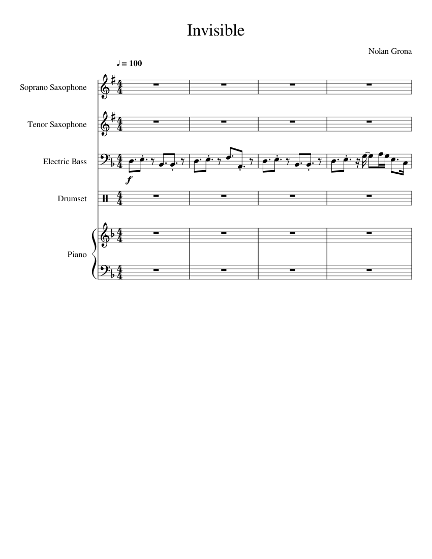 Invisible Sheet Music for Piano, Saxophone tenor, Bass guitar, Drum ...