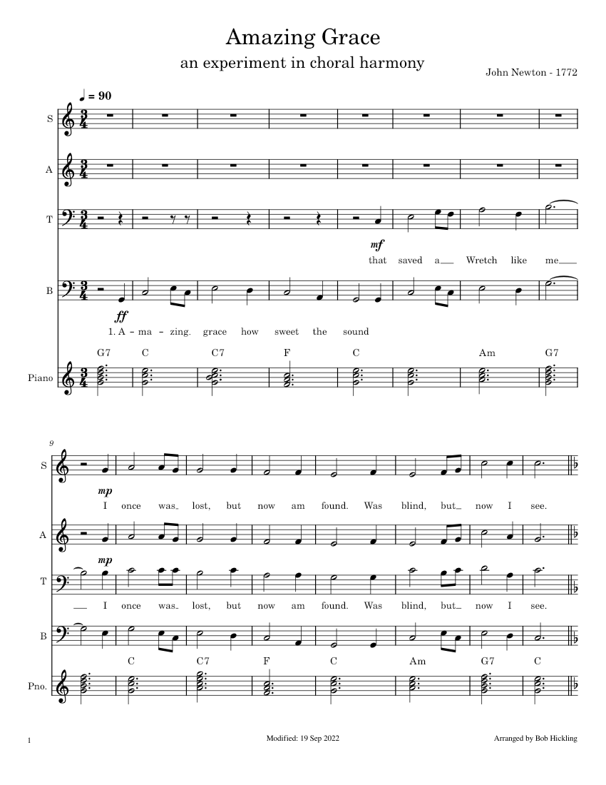 Amazing Grace - an experiment in choral harmony – John Newton Sheet ...