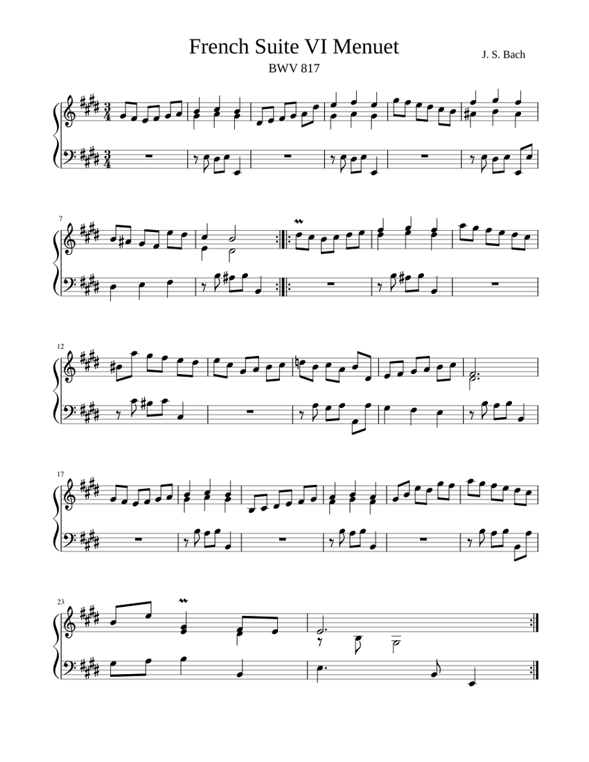 French Suite VI Menuet, BMV 817 (J.S. Bach) Sheet Music for Piano (Solo ...
