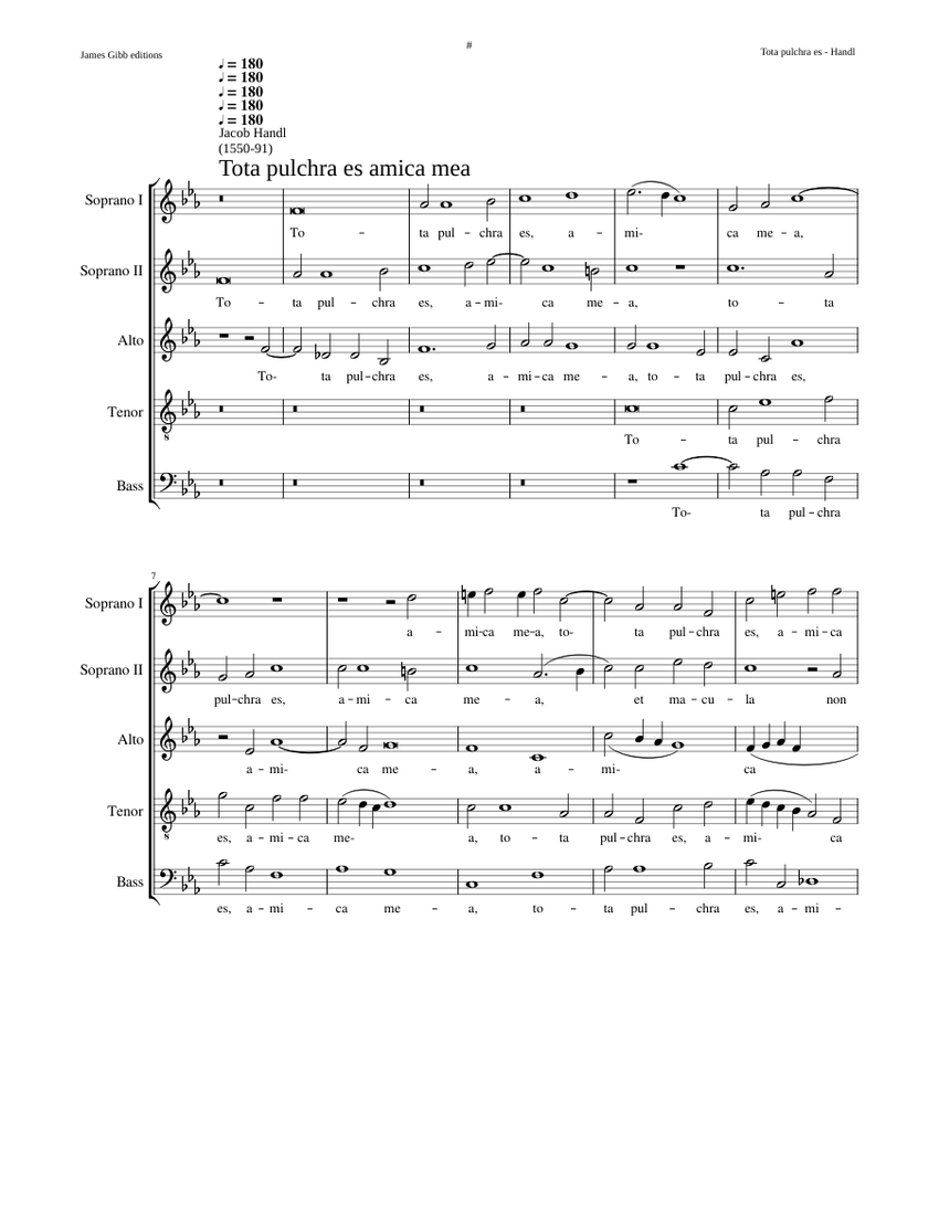 Tota pulchra es amica mea - Vulnerasti cor meum - Jacob Handl Sheet ...