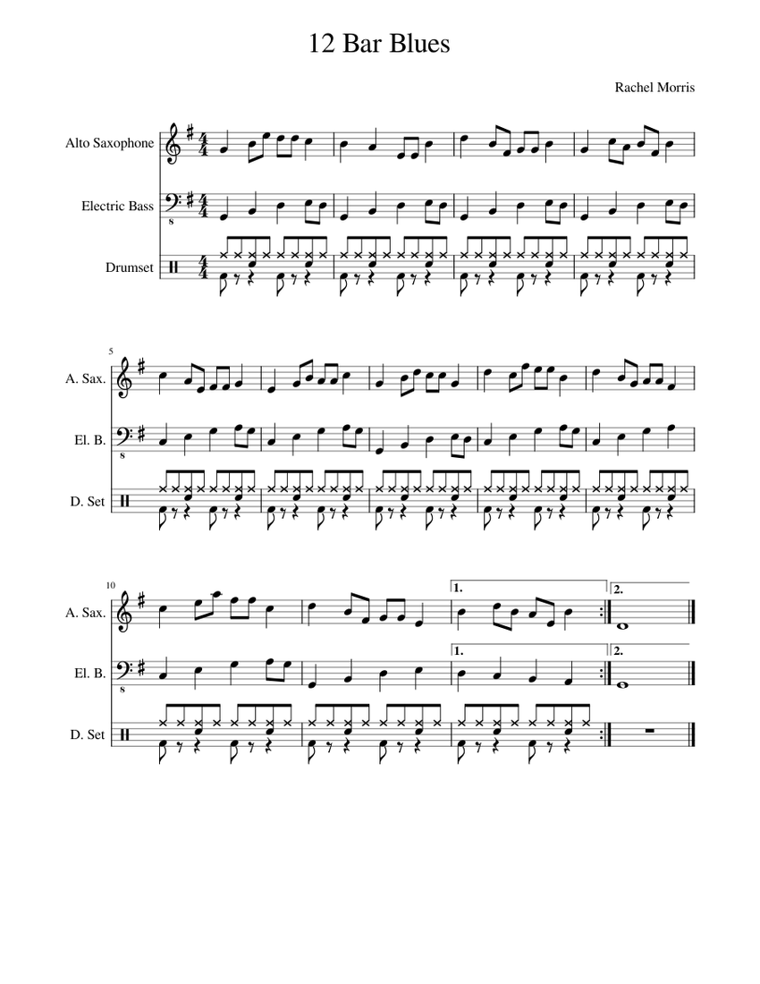 12 Bar Blues 1 Sheet Music for Saxophone alto, Bass guitar, Drum group ...