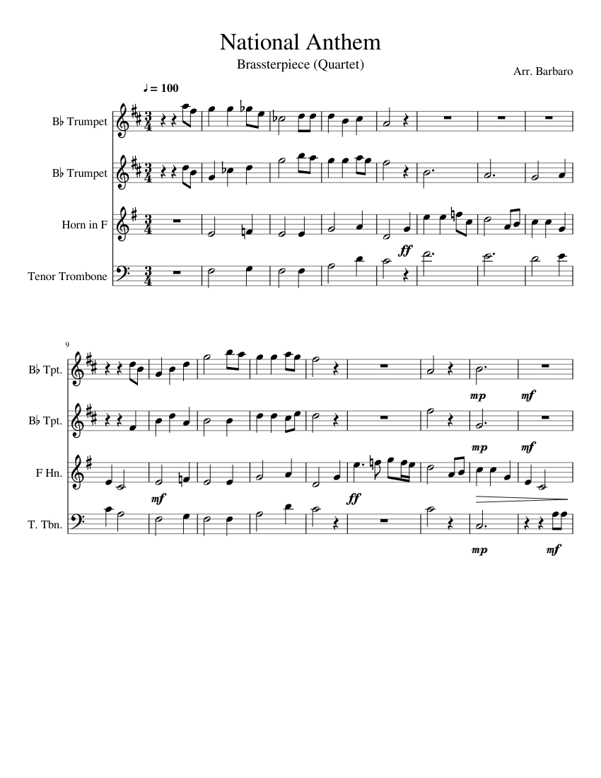 Nat'l Anthem Sheet Music for Trombone tenor, Trumpet in b-flat, French ...
