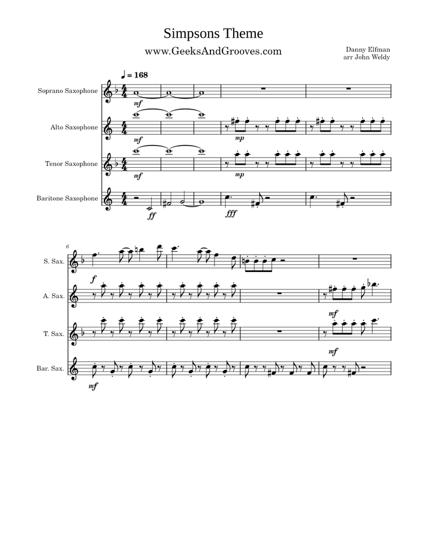 The Simpsons Main Theme – Danny Elfman for Sax Quartet Sheet Music for ...