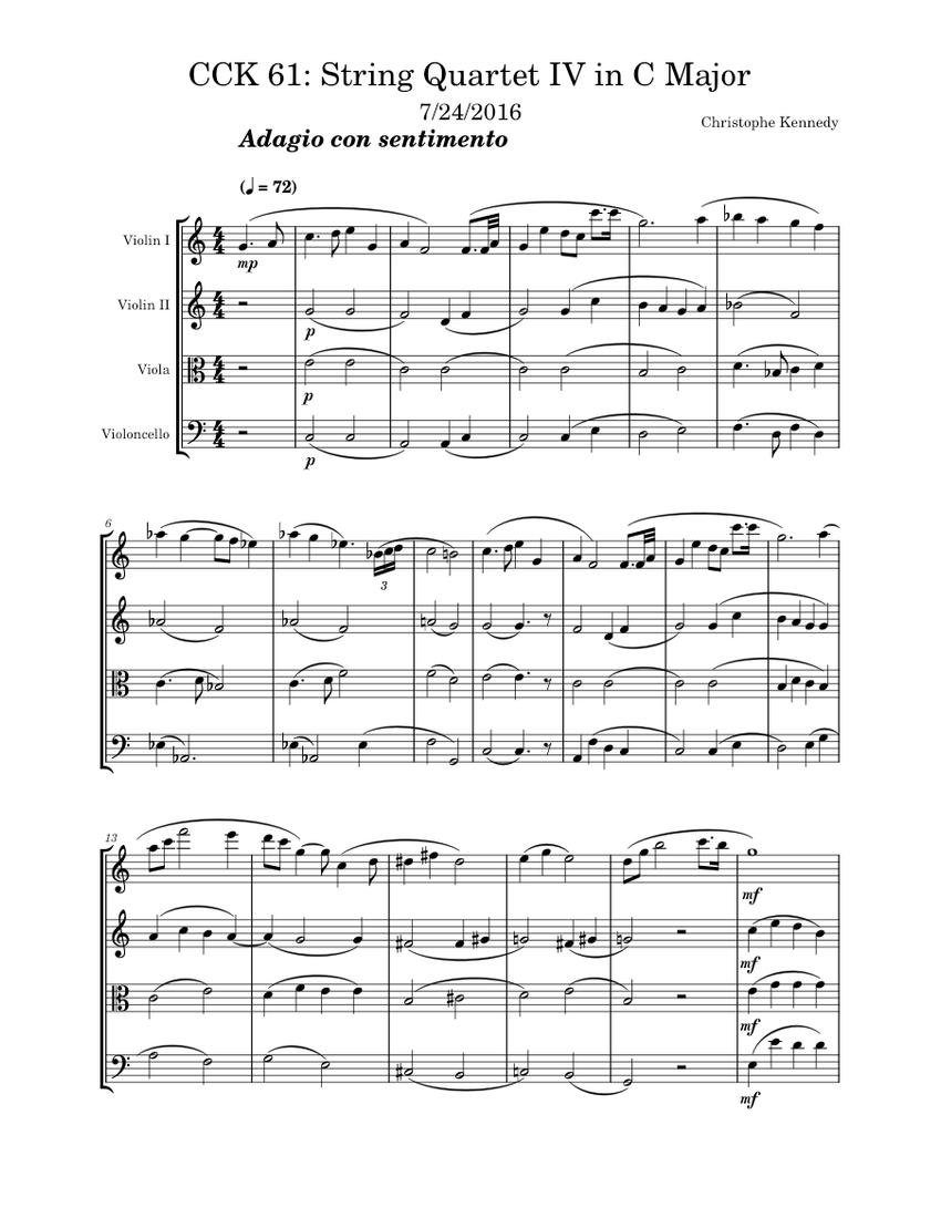 CCK 61: String Quartet IV in C Major - piano tutorial