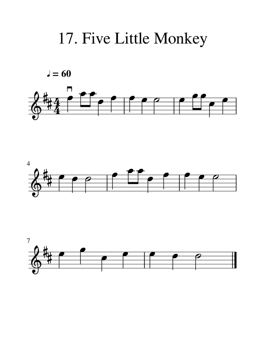 Elementary 1 , 17. Five Little Monkey Sheet Music for Violin (Solo ...