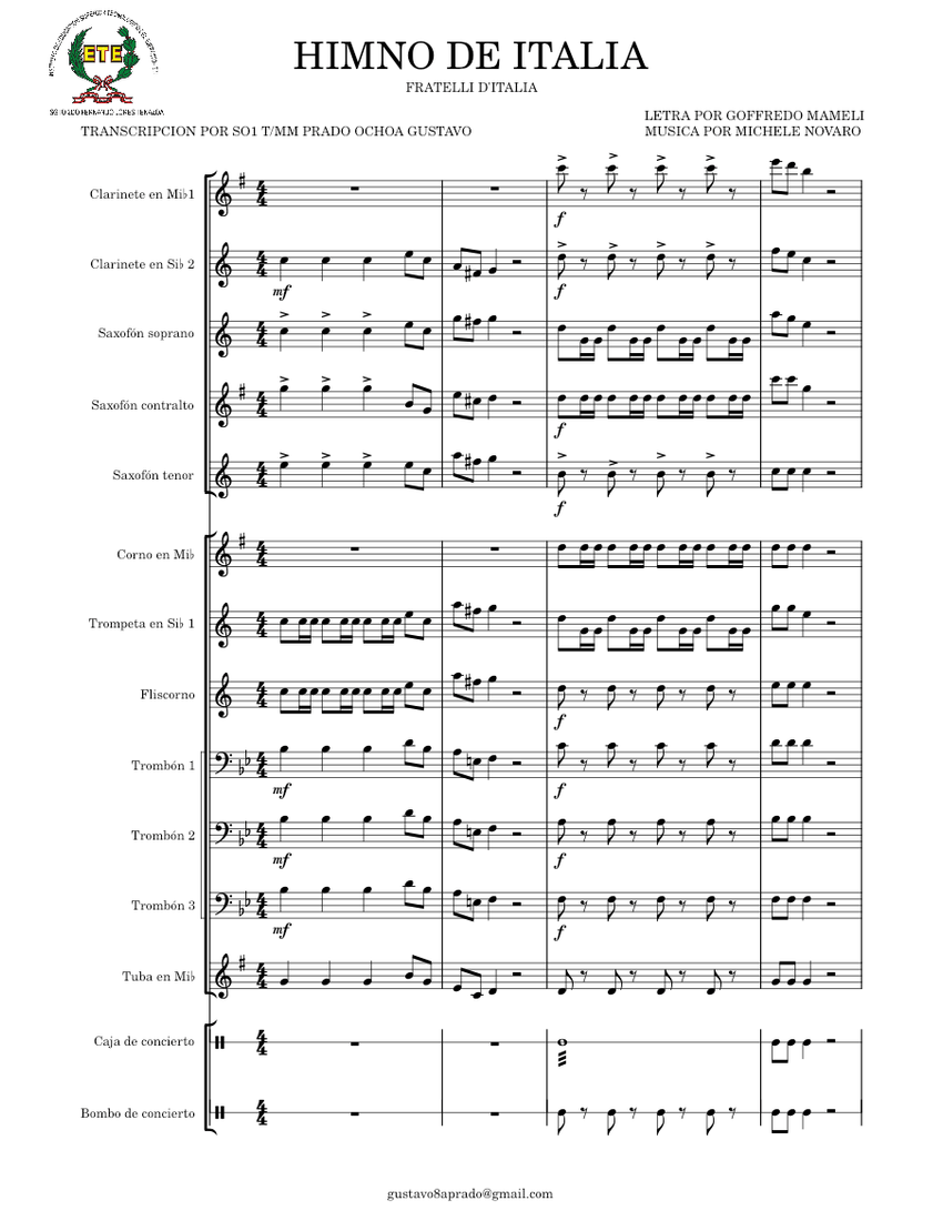 HIMNO DE ITALIA Sheet Music for Trombone, Tuba, Flugelhorn, Clarinet in e-flat & more ...