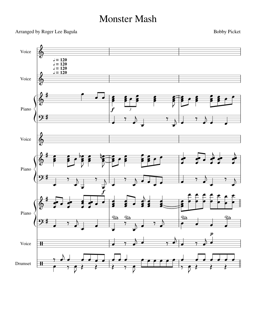 Monster Mash (Bobby Picket) Sheet Music for Piano, Drum group, Voice ...