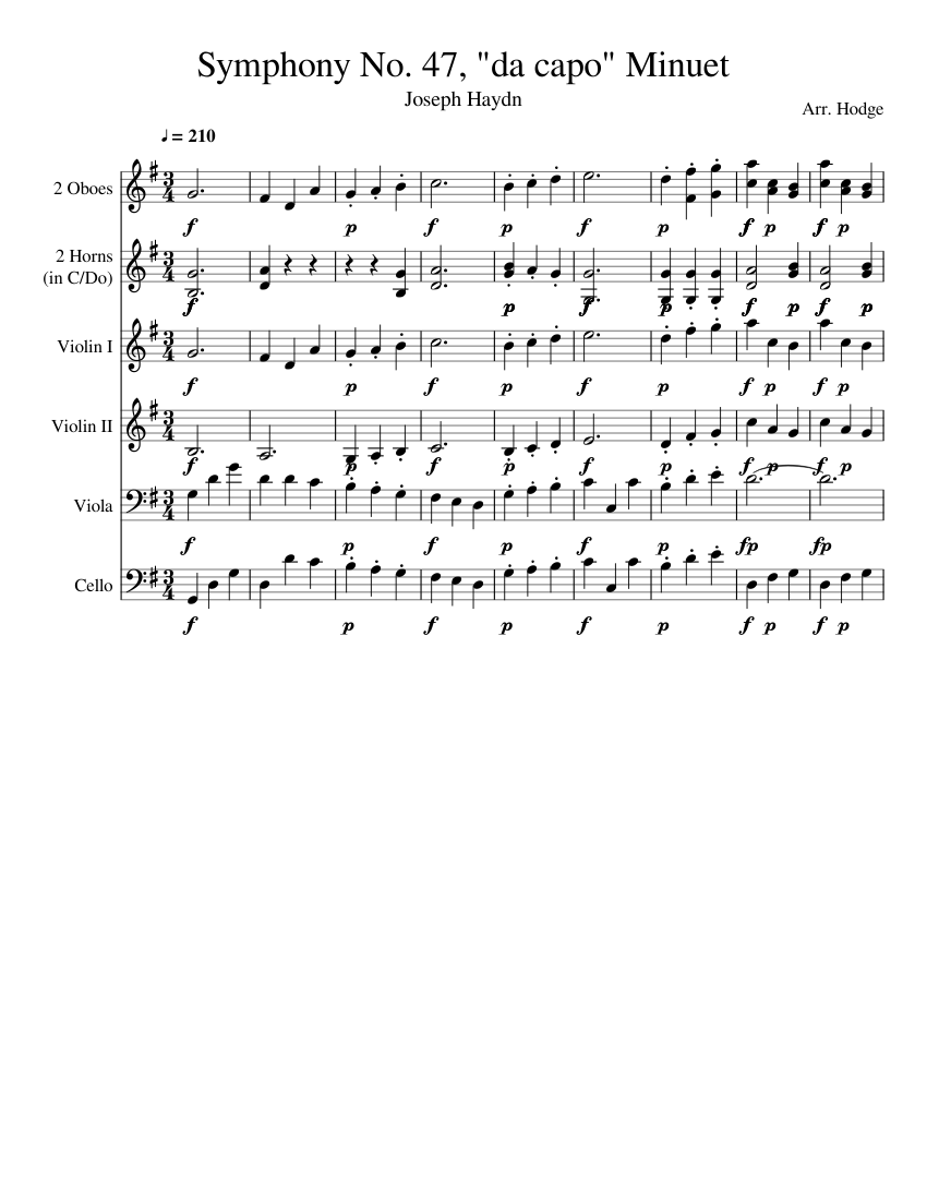 Symphony No. 47, "da capo" Minuet Sheet Music for Piano (Mixed Ensemble ...