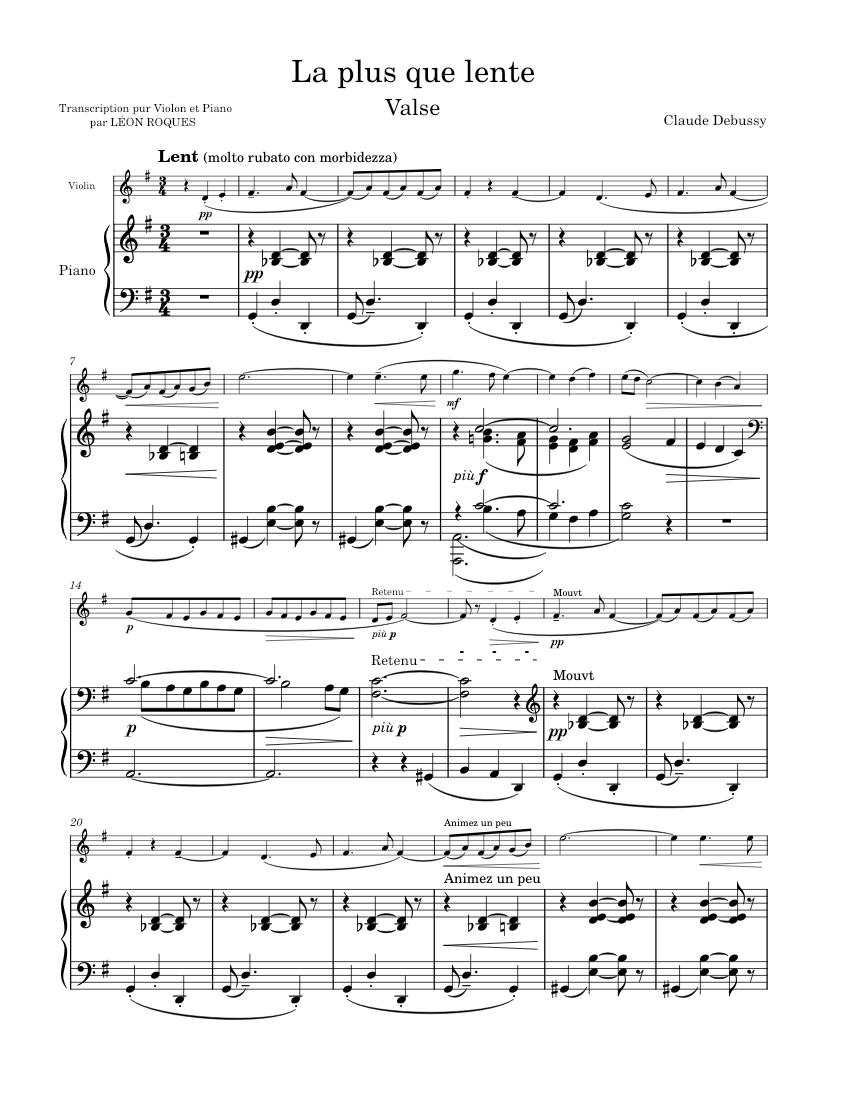 La plus que lente – Claude Debussy Sheet music for Piano, Violin (Mixed Duet) | Musescore.com