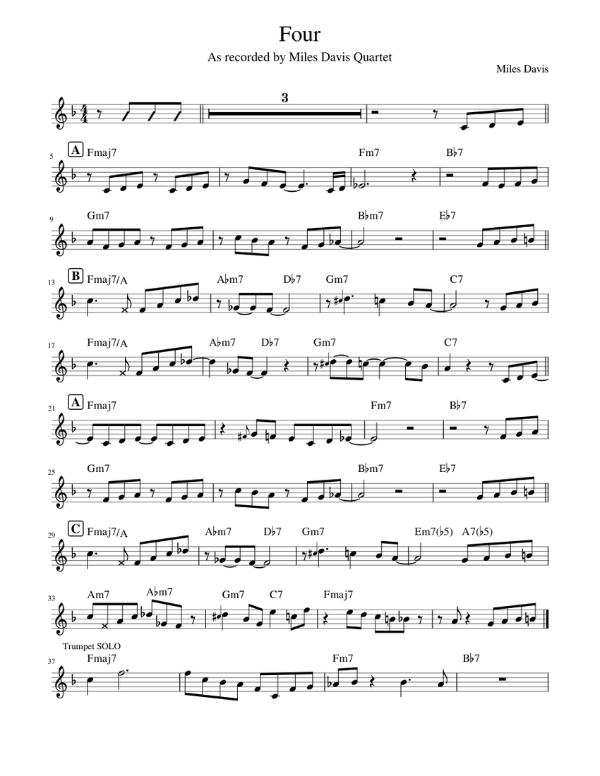 Four - As played by Miles Davis Sheet music for Trumpet in b-flat (Solo ...