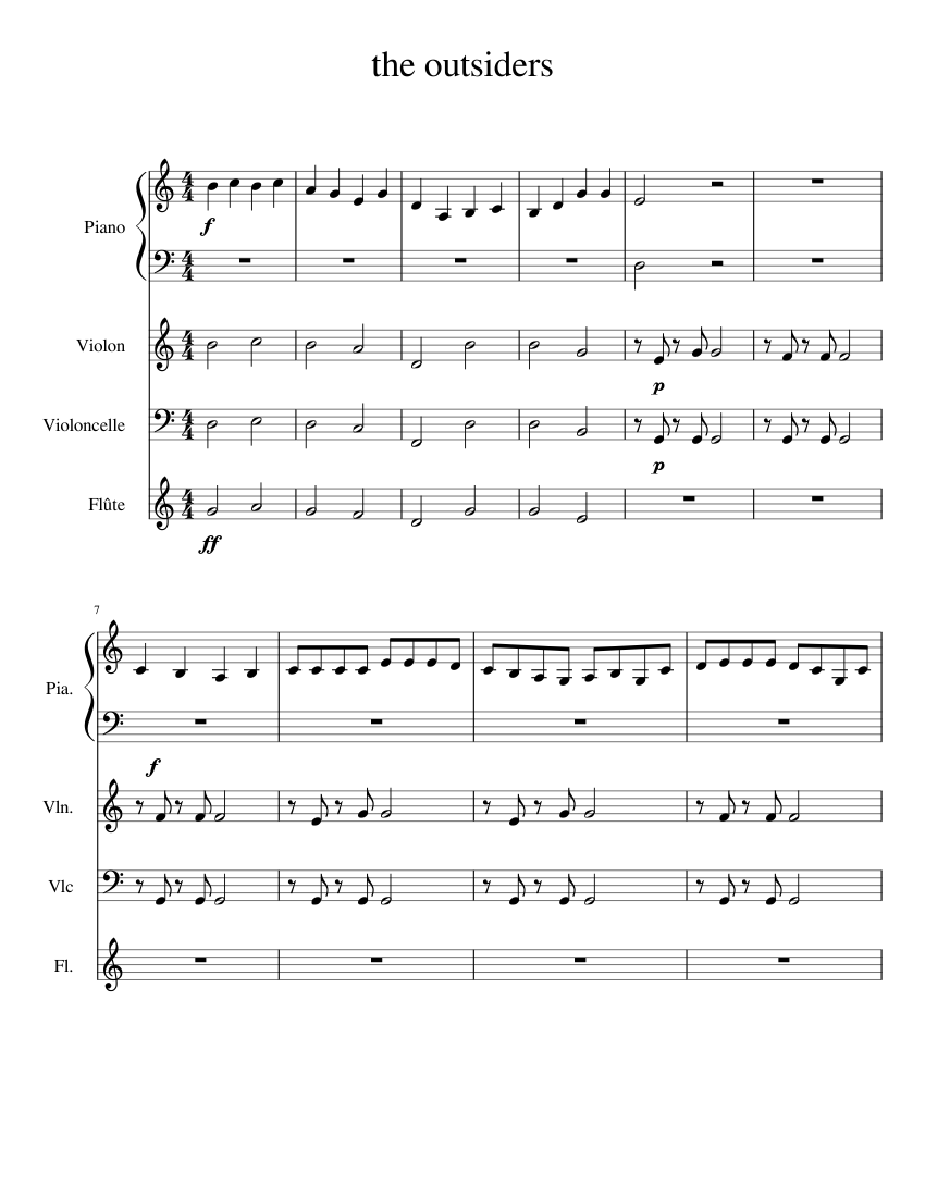 the outsiders:) Sheet Music for Piano, Flute, Violin, Cello (Mixed ...