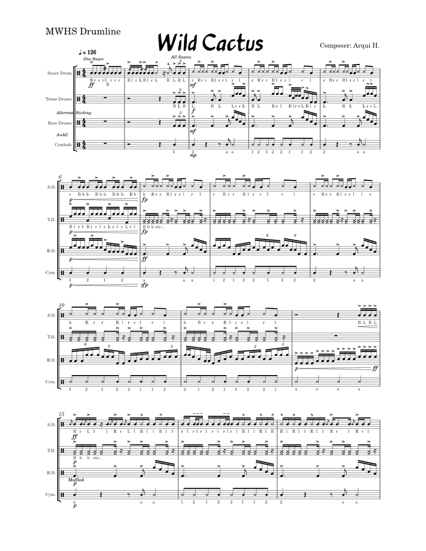 Wild Cactus Drumline Cadence Sheet music for Snare drum, Crash, Tenor ...