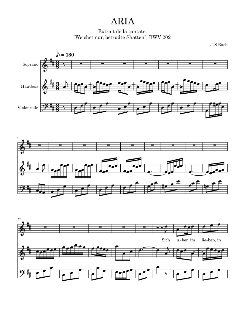 Bach - ARIA BWV 202 Sheet music for Soprano, Oboe, Cello (Mixed Trio ...