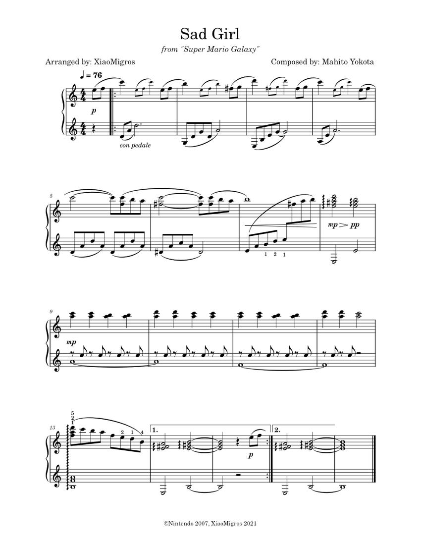 Sad Story - Super Mario Galaxy Sheet Music for Piano (Solo) easy ...