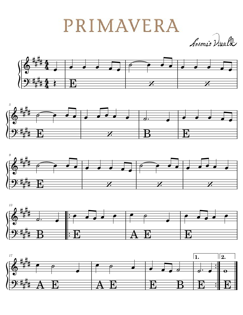 La Primavera – Antonio Vivaldi Sheet Music with Chords for Piano (Solo ...