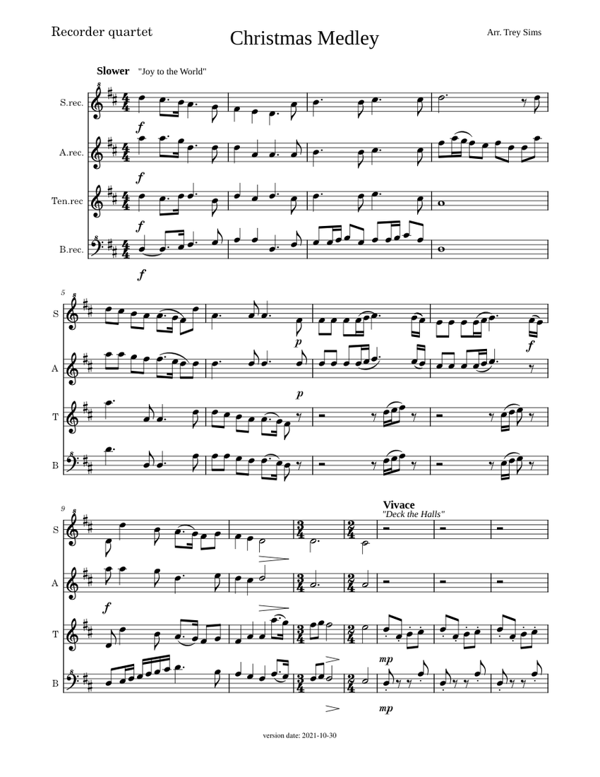 Christmas Medley, satb recorder quartet Sheet Music for Recorder ...