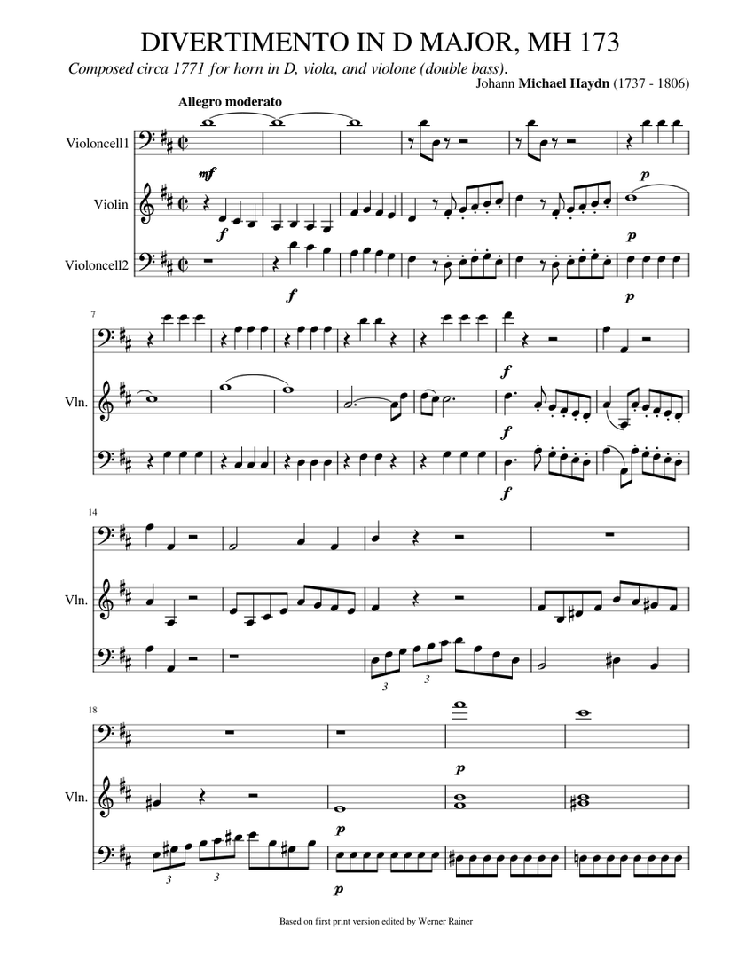Divertimento in D major, MH 173 – Johann Michael Haydn Sheet Music for ...
