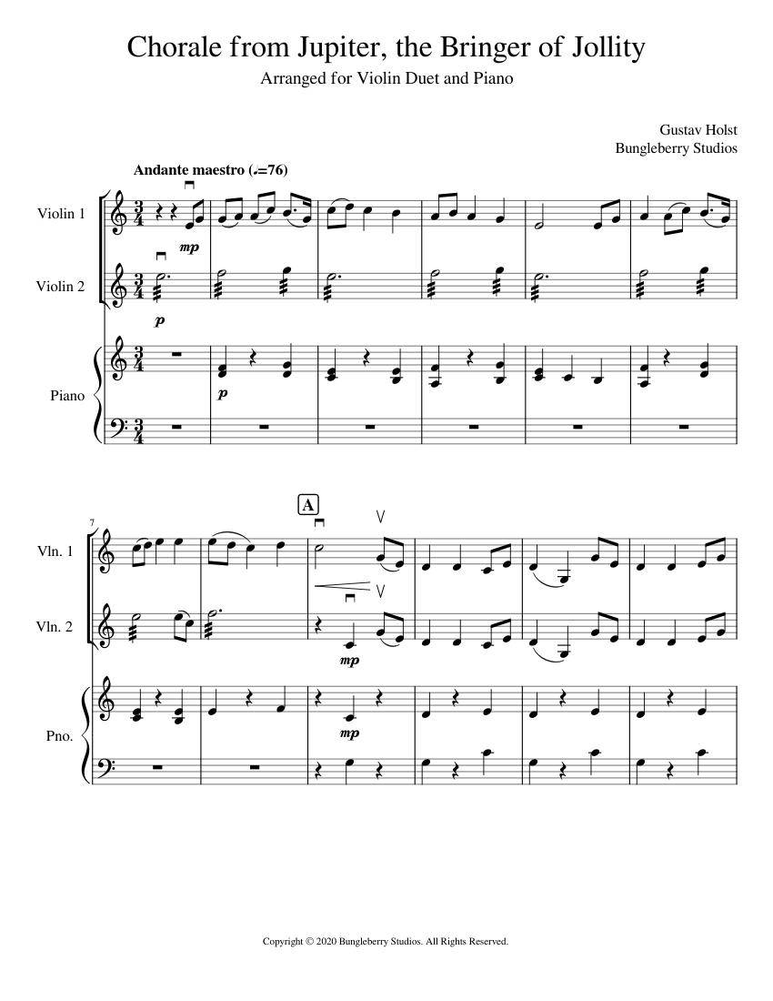 Chorale from Jupiter Sheet Music for Piano, Violin (Mixed Trio ...