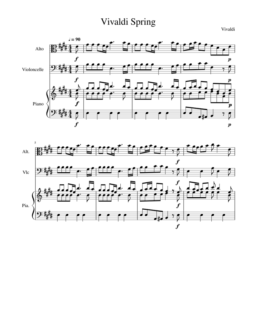 Vivaldi Spring Sheet Music for Piano, Viola, Cello (Mixed Trio ...